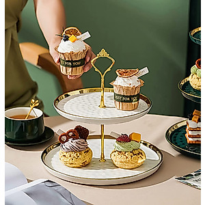 CofeLife Set of 2 Porcelain Cupcake Stand Ceramic Dessert Stand Tiered Serving Trays with Gold Rod, 3 Tiers and 2 Tiers Cake Stand Party Serving Trays Fruit Pastry Holders for Wedding and Party