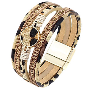 Wovanoo Leopard Leather Wrap Bracelets for Women Multilayer Cuff Bangle with Magnetic Buckle Gift for Birthday, Mother's Day, Valentine's Day Round Buckle