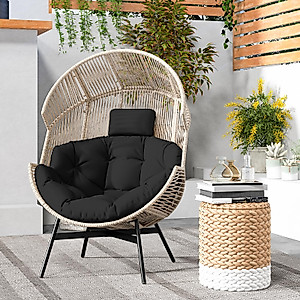 Tangkula Oversized Egg Style Chair, Wicker Stationary Patio Egg Chair w/Cushions & Headrest, Heavy-Duty Metal Frame, Patio Lounge Basket Sofa Chair for Yard, Porch, Living Room