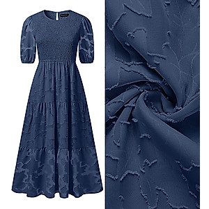 ZESICA Women's 2025 Summer Short Puff Sleeve Crewneck Smocked Floral Lace Flowy A Line Tiered Maxi Dresses,Navy,Large