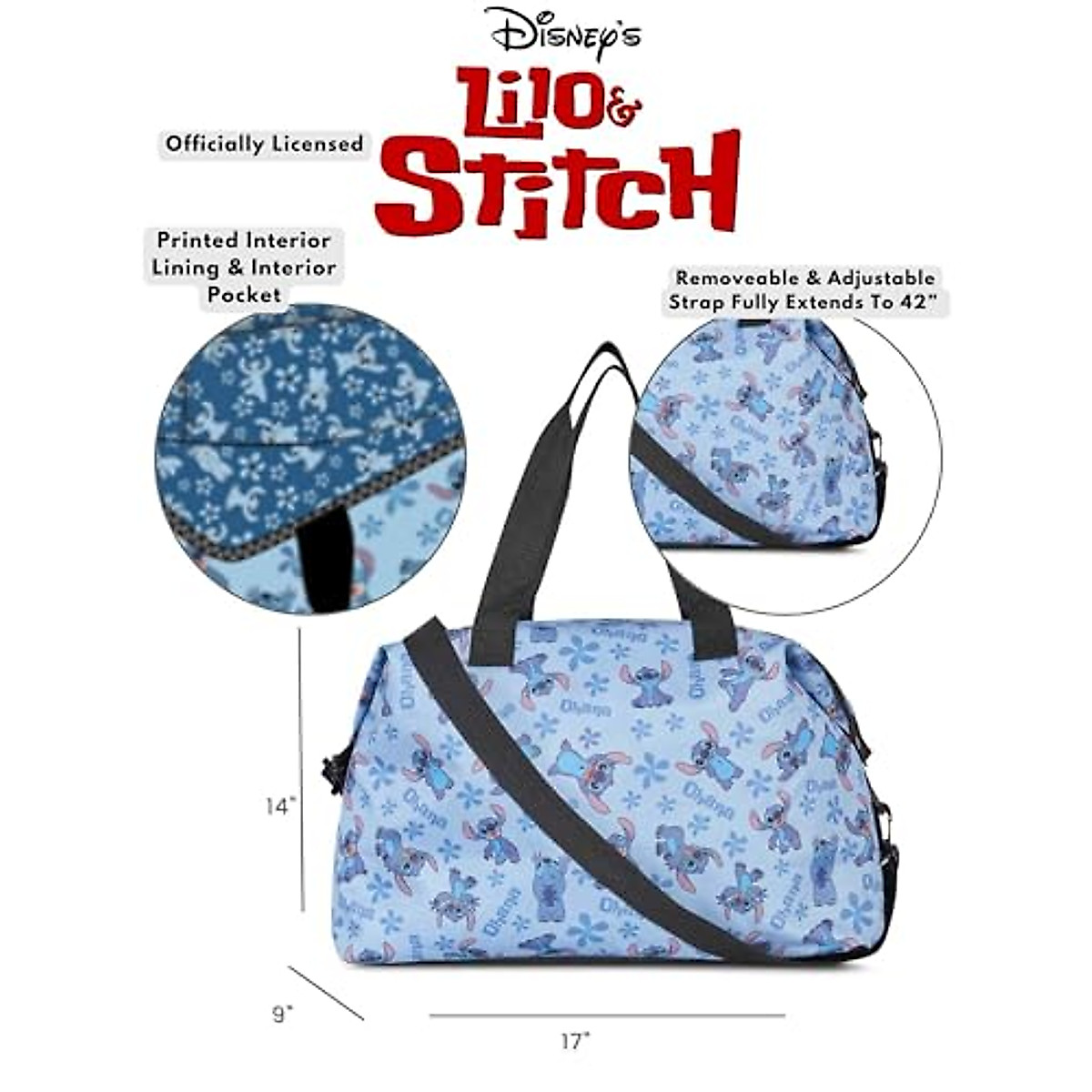 Disney Tote Duffel Bag Stitch Blue All Over Print Weekender Travel (Stitch Blue)