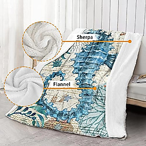 Sea Horse Sherpa Throw Blankets Winter Bed Blanket Decorative Sofa Sea Nautical Theme Decorations Gift Blanket 50x60 Inch with 2 Pillowcase for Sea Horse Lovers Animal Lovers