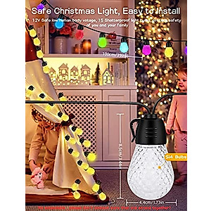 YSJ 49ft Outdoor String Lights for Outside, RGBW Patio Lights with App and Remote Control, IP66 Waterproof, Shatterproof, 8 Scene Modes, with 15 Dimmable LED Bulbs for Balcony, Cafe, Backyard, Garden