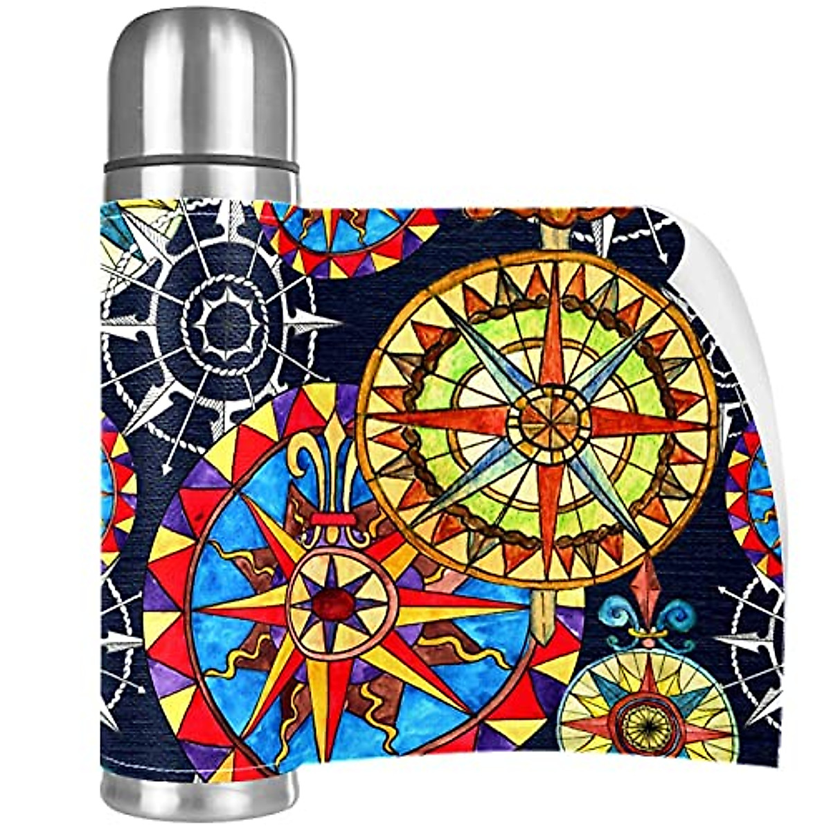 Aesthetic Colorful Compasses Watercolor Stainless Steel Water Bottle, Leak-Proof Travel Thermos Mug, Double Walled Vacuum Insulated Flask 17 OZ