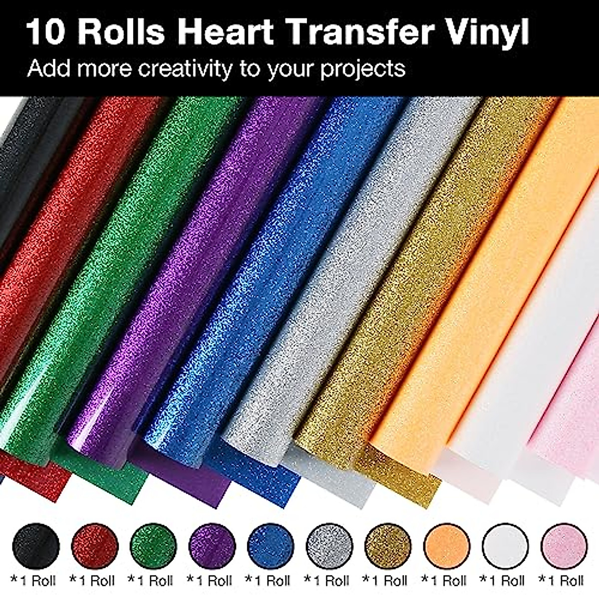 TORC Glitter HTV Heat Transfer Vinyl Bundle Rolls, Set of 10 Iron on Vinyl for T Shirts Crafts (12 inch x 5 ft per Roll)