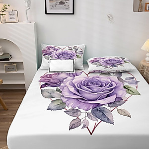 zcsm Purple Rose Sheets Full Size Sheet Sets - Floral Bed Sheets, Soft Microfiber & Deep Pocket & Wrinkle Free Patterned Bedding Sheets & Pillowcases, 1 Fitted Sheet, 1 Flat Sheet, 2 Pillow Cases