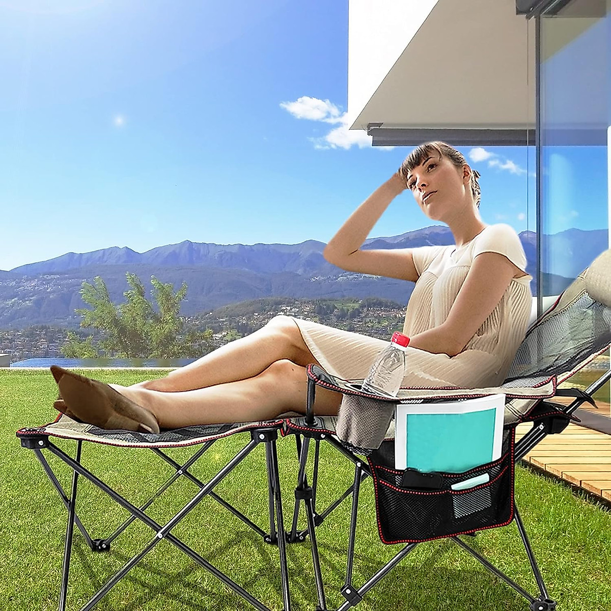 YDY+YQY Camping Lounge Chair,Portable Lounge Chair with Cup Holder and Pillow,Adjustable Chaise Lawn Chair with Footrest for Outdoor Indoor Office Beach Camp Picnic (Grey)