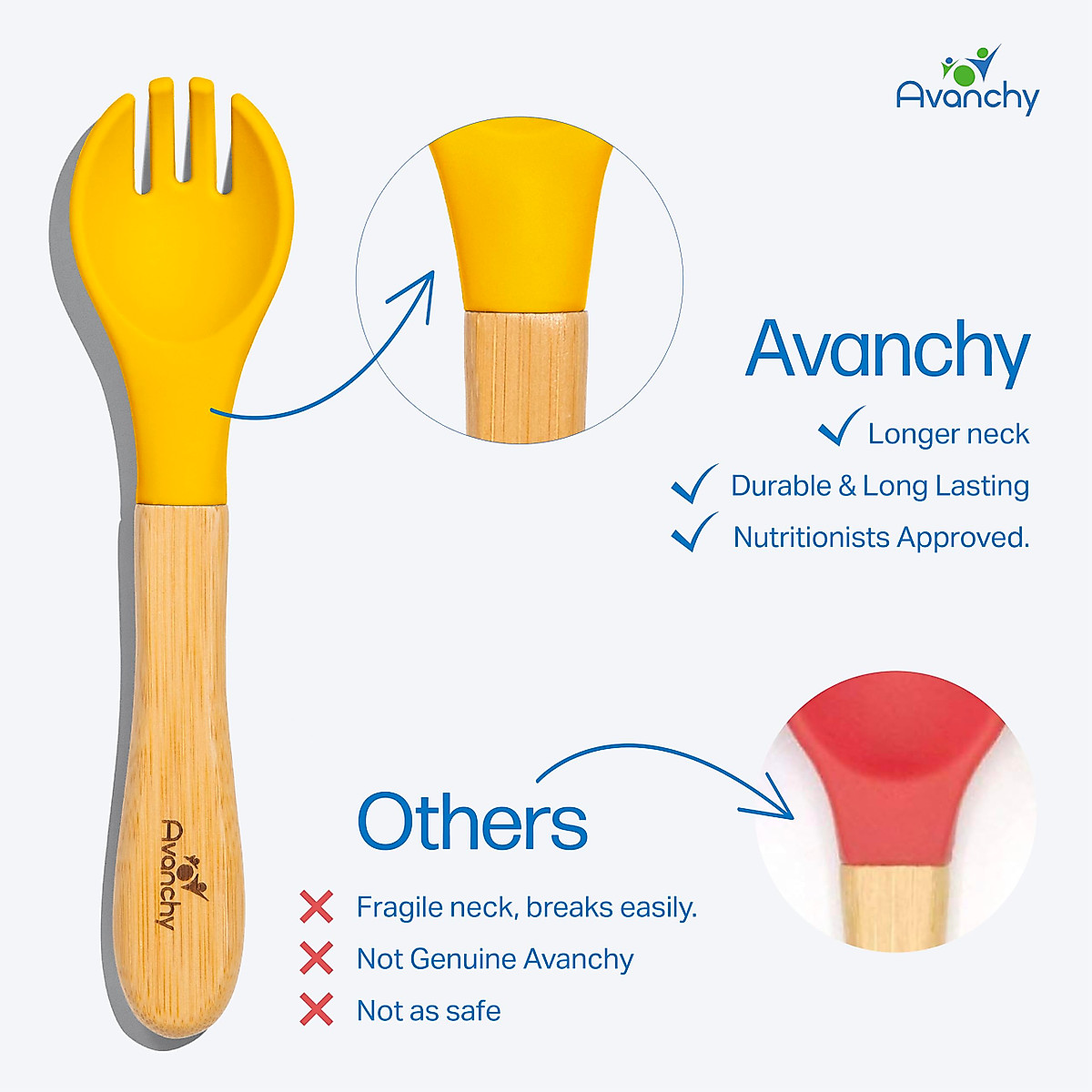 Avanchy Baby Fork Set, Bamboo and Silicone Spork Utensils, Toddler Baby Led Weaning Silverware Cutlery Flatware, Kids First Self Feeding, 2 Pack, Blue