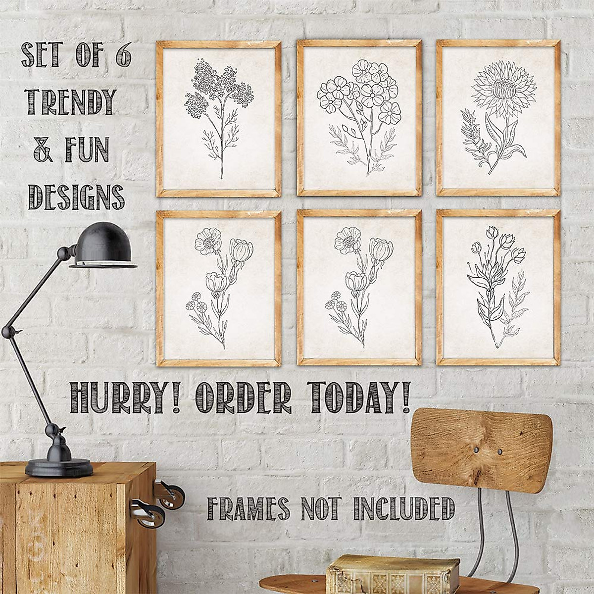 Beige Florals in Black and White Set of 6-8x10 Unframed Art Prints - Makes a Great Gift to Gardening Enthusiasts and Lovely Living Room Decor Under $20