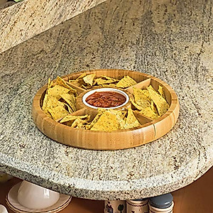 Bamboo Charcuterie Board/Cheese Board Chip and Dip Divided Bowl/Serving Platter with Ceramic Center Bowl/Dip Cup