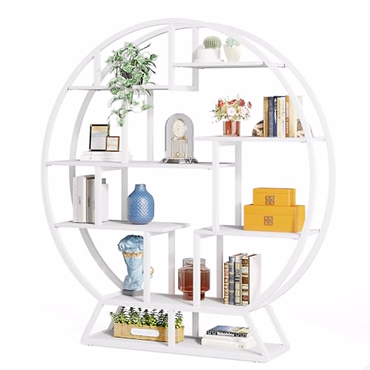 Tribesigns Bookshelf, Round Bookshelves Etagere Bookcase, 63 Inch Wood Book Shelf with Staggered Shelves, Rustic Open Shelving Organizer Rack Display Shelf for Home Office, Living Room, White