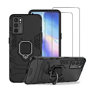 ZMONE Phone Case for Oppo Reno 6 5G Case with Glass Screen Protector [2 Pack] Heavy Duty Dual Layer Military Grade Shockproof Protective Cover with Magnetic Ring Kickstand - Black