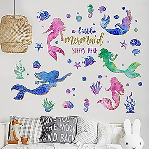 Yovkky Baby Girls Mermaid Wall Decals Stickers, Under The Sea Ocean Creatures Fish Conch Bubble Glitter Nursery Kids Room Crib Decor, A Little Mermaid Sleeps Here Home Decorations Bedroom Art