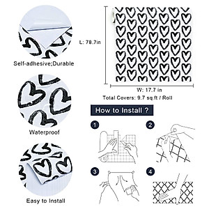 Timeet Modern Heart Wallpaper Peel and Stick Wallpaper Self Adhesive Wallpaper 17.7"x78.7" Black White Contact Paper Vinyl Removable Wallpaper Decorative for Bedroom Living Room Bathroom