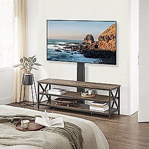 Universal Floor TV Stand Base with Swivel Height Adjustable Mount for 32 37 43 47 50 55 60 65 70 Inch Plasma LCD LED OLED Flat or Curved Screen TVs, Black Tempered Glass Base for Media Storage