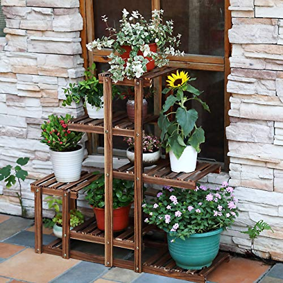 HYNAWIN Wood Plant Stands, Indoor Outdoor Plant Rack, Multi Tiers Plant Shelf Holder, Display Storage Shelves for Patio Garden Balcony Yard