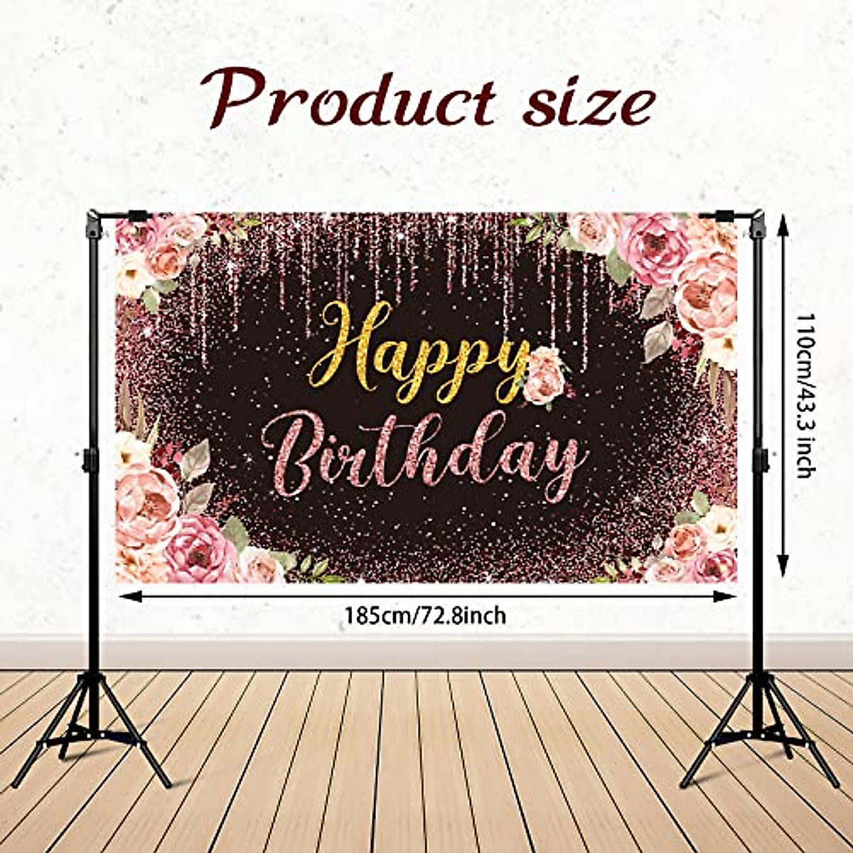 Happy Birthday Backdrop Decorations for Women Background Party Supplies Rose Backdrop Photography for Girls Boys Floral Glitters Banner Wedding Baby Shower Decor (Black)