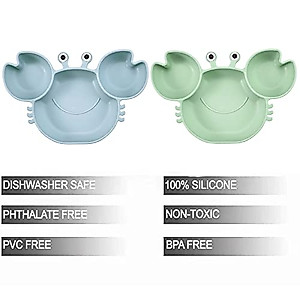 PandaEar 2 Pack Silicone Suction Plate for Baby, Divided Unbreakable Toddler Food Plate with 2 Pack Spoons for Self Feeding, Toddler Utensils Feeding Set Baby Eating Supplies, Crab Shape, Blue&Green