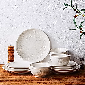 Pokini Ceramic Dinnerware Sets, Beige Relief Plates and Bowls Sets, 12 Pieces Stoneware Dinnerware Set Service for 4, Vintage Look Kitchen Dish Set, Handmade Highly Chip and Crack Resistant Dishes