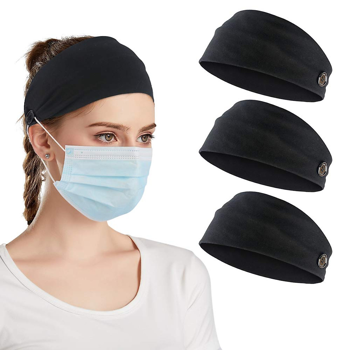SUNLAND Headband with Buttons for Face Masks and Covers Unisex Elastic Hair Band for Ears Protection Bandannas for Head Wraps 3 Pack Black