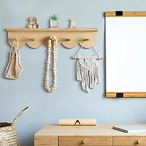 Pinkunn Nursery Floating Shelves with Hooks for Wall Book Shelves Wood Wall Mounted Organizer Hanging Bookshelves Nursery Decor Scalloped Shelves for Kids Room, Bedroom and Kitchen