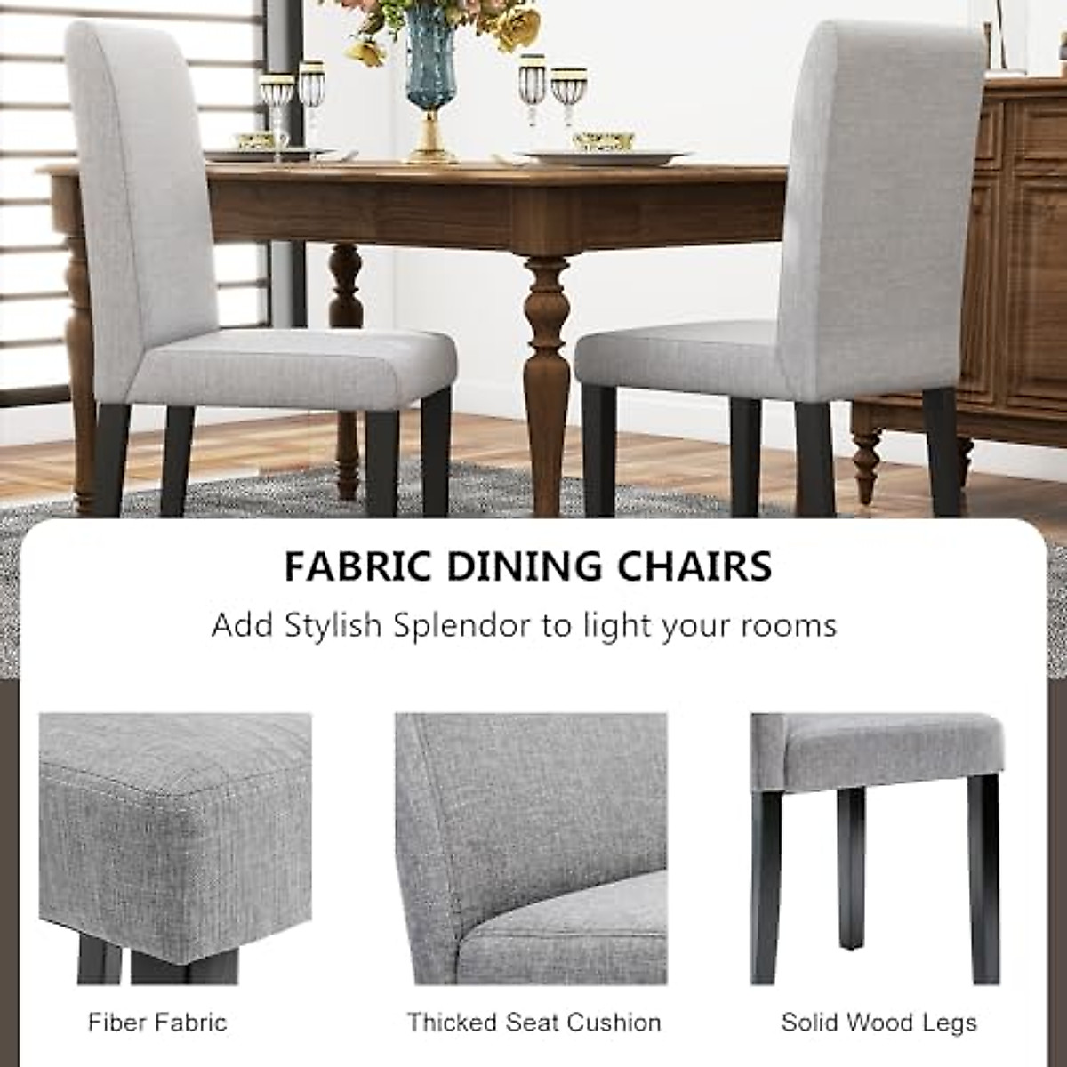 Fangflower Fabric Chair Set of 2 with Solid Wood Legs for Home Pertica, Dining Room, Kitchen, Light Grey, 2-Pcs Set