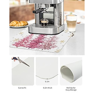 Coffee Mat for Counter, Pink Christmas Xmas Tree Golden Snowflake Absorbent Hide Stain Coffee Bar Mat, Non-slip Coffee Bar Accessories Kitchen Drying Mat Fit Under Coffee Maker Espresso Machine