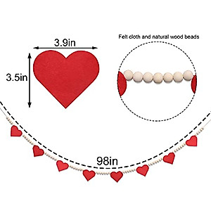 Valentine's Day Wood Bead Garland for Fireplace Mantel - Red Felt Hearts Love Decor Banner Natural Boho Modern Farmhouse Beaded Wall Hanging, Engagement Banner Photo Backdrop