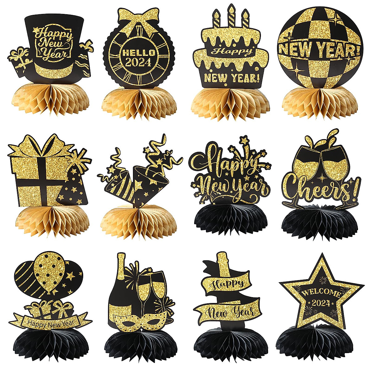Happy New Year Honeycomb Centerpieces Decorations Pack of 12 3D Happy New Year Decorations 2024 for Happy New Year Theme Table Toppers New Year Eve Party Supplies 2024