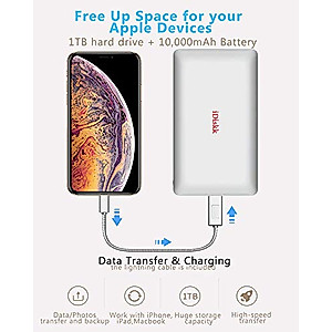 iDiskk 【Mfi Certified Plug-Play】 1TB External Hard Drive for iPad iPhone 15 Android Photo Backup Storage for iPhone 15/14/13/12/12 Pro Max/12 pro/11 pro/X/XR,Mac/iMac/PC, Built-in 10000mAh Power Bank