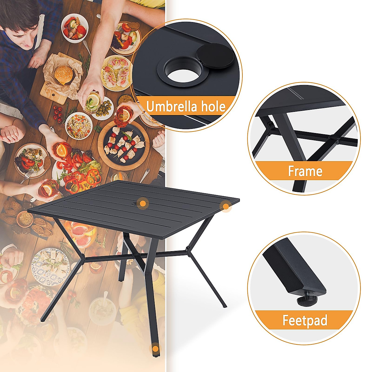 VICLLAX 5 pcs Patio Dining Table and Chairs Set, 4 Outdoor Reclining Folding Sling Chair with Armrest & 1 Square Patio Dining Table with 1.57" Umbrella Hole(Dark Blue/Black)