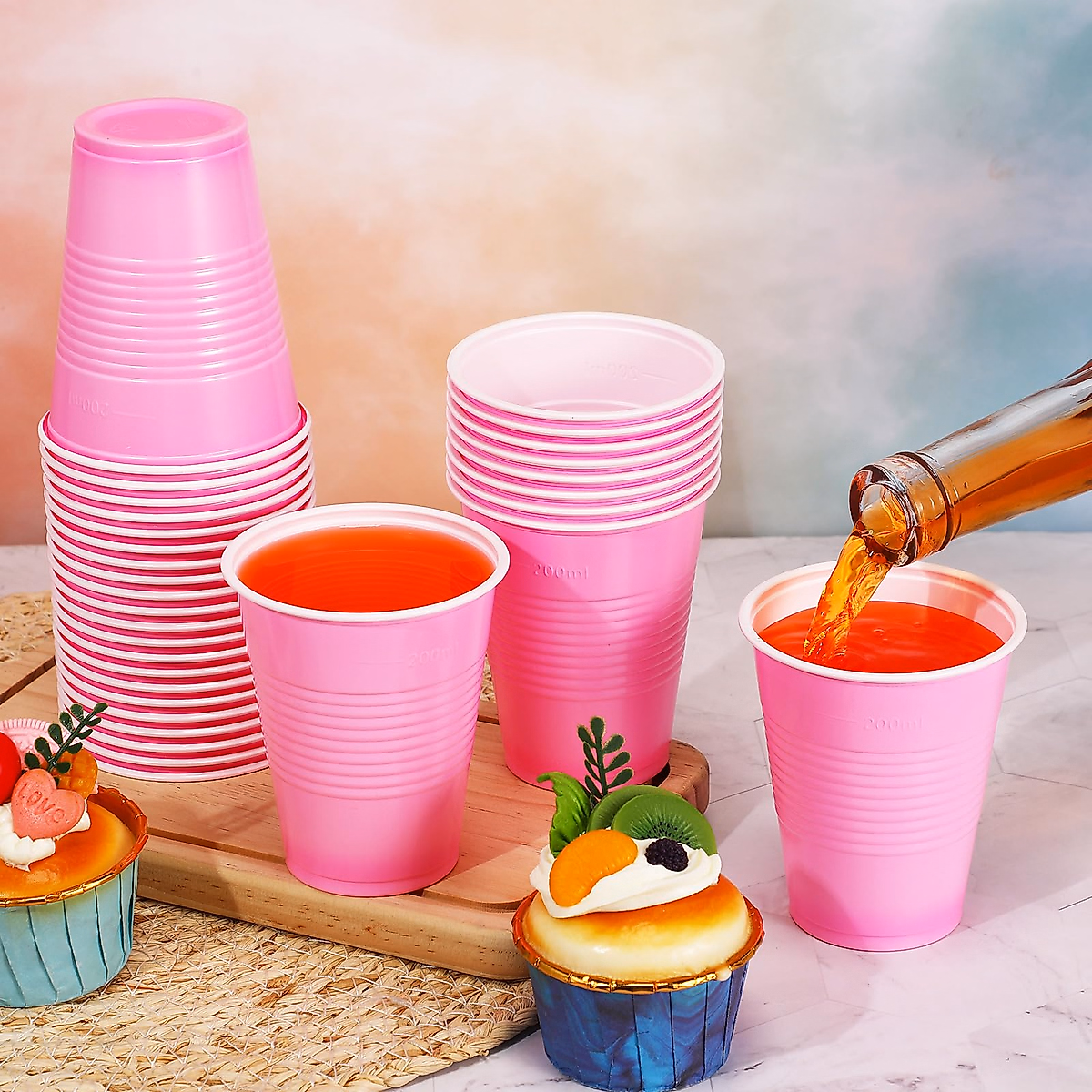 Yinkin 100 Pcs 9oz Halloween Disposable Plastic Cups Cold Drinking Cups for Birthday Party Wedding Wine Coffee Halloween Thanksgiving Christmas(Pink)