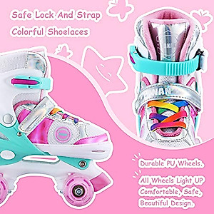 Kids Adjustable Roller Skates for Girls Boys Beginner, 4 Size Adjustable Roller Skates with Light Up Wheels and Colorful Shoelaces (Colorful Pink, Medium(2-5))