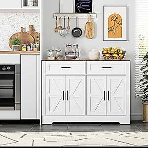 BOTLOG Farmhouse Buffet Cabinet with Storage, 47.2" Sideboard Storage Cabinet with Drawers Coffee Bar Cabinet for Kitchen, Dining Room, Hallway, White