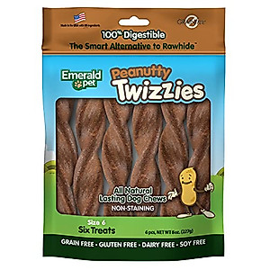 Emerald Pet Twizzies Rawhide Free 100% Digestible Natural Dog Lasting Chew Treats, Made in USA Size 6, Peanutty Peanut Butter Multipack