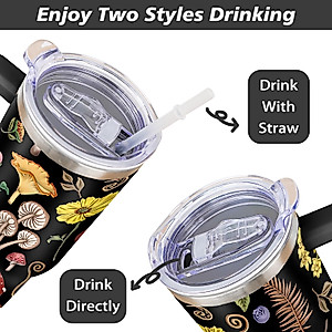 thmasamwr Mushroom Tumbler with Lid and Straw, Stainless Steel Mushroom 40oz Tumbler with Handle, Black Mushroom Travel Coffee Mug Mushroom Gifts Cups for Women and Men