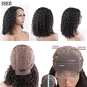 ISEE Short Bob Wigs 4x4 Lace Closure Human Hair Wigs Brazilian Curly Lace Front Wigs Pre Plucked Natural Black Color Curly Bob Wig Lace Front Wigs Middle Part Short Bob Wigs 12 Inches