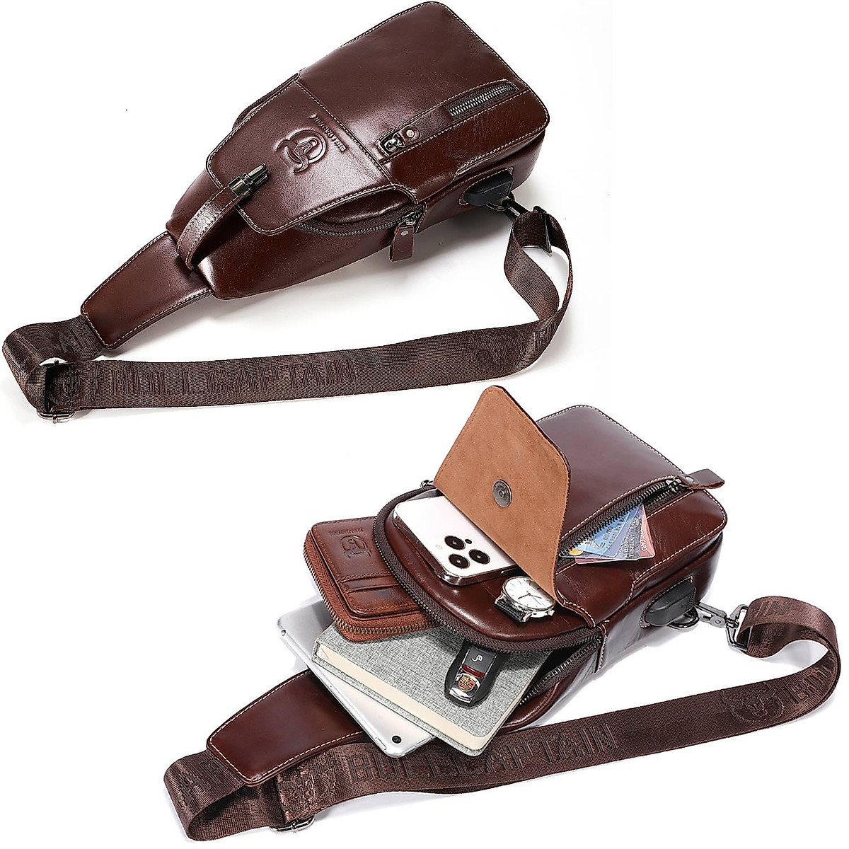 BULLCAPTAIN Genuine Leather Sling Bag Mens Crossbody Backpack for Hiking Casual Daypack Shoulder Chest Bag with USB Charging Port (Coffee)