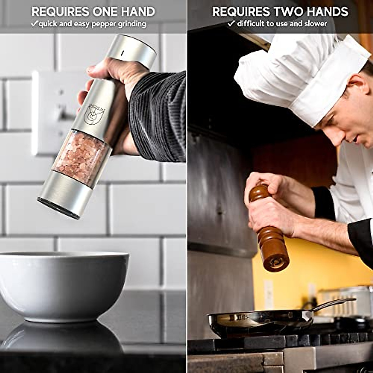 Rechargeable salt and pepper grinder set - Electric salt and pepper grinder - Electric pepper mill Spice grinder (46 g Spice Holder) Stainless steel Adjustable Coarseness LED light