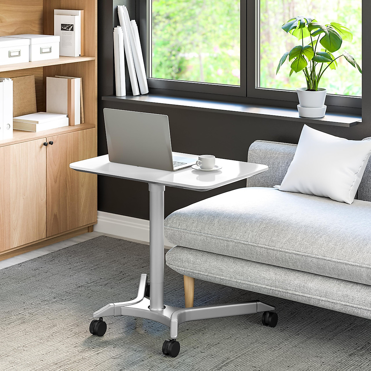 Seville Classics Airlift Height Adjustable Pneumatic Laptop Sit Stand Desk Mobile Rolling Cart Computer Workstation for Home Office, Classroom, 28" XL Desktop (New Model), White