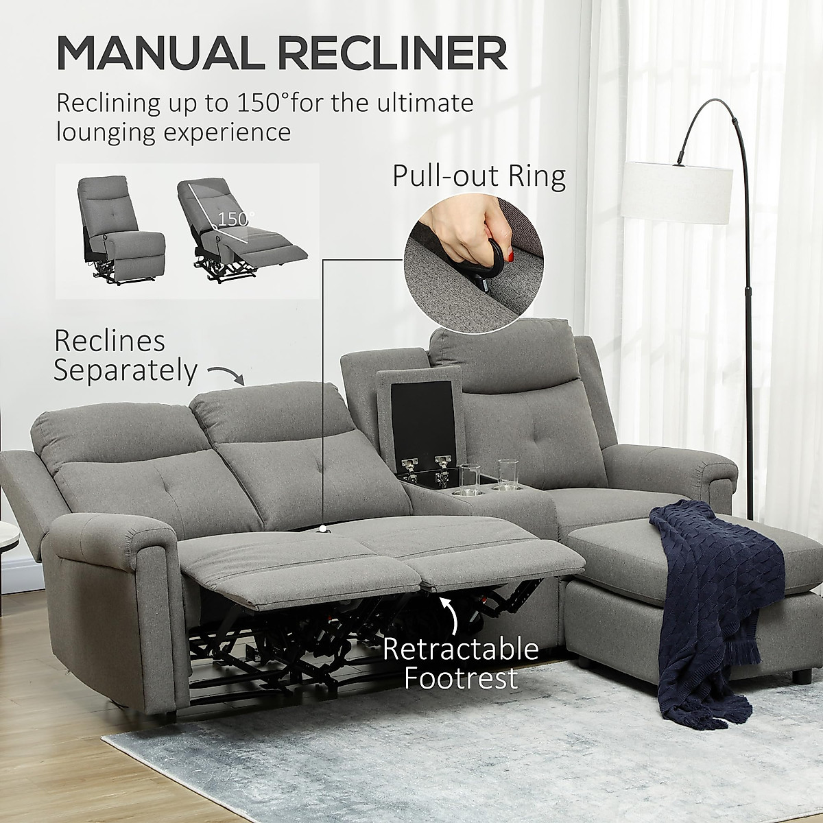 HOMCOM L-Shaped Sofa, Manual Reclining Sectional with Chaise Ottoman, Storage Console, Cup Holders, USB Charging, Gray