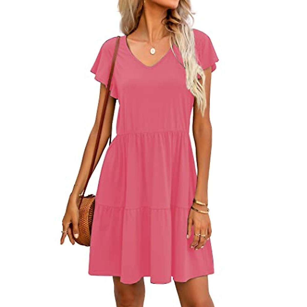 HOTOUCH Womens Summer Casual with Smocked Sexy V Neck A Line Swing Mini Dress Watermelon Pink, Medium