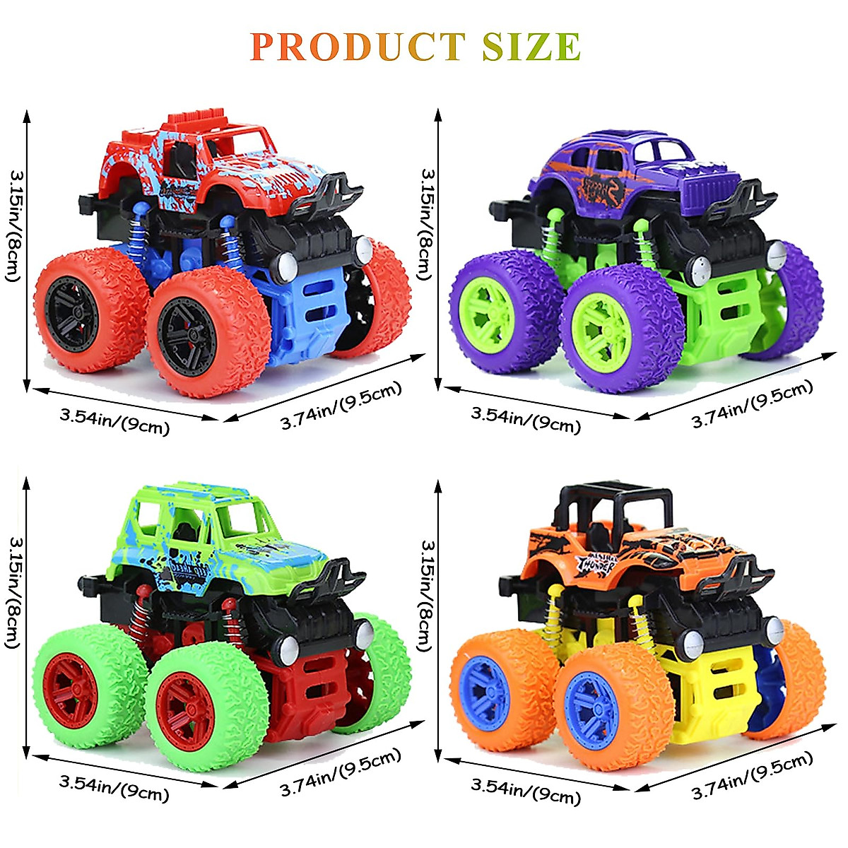 LEFEI Monster Truck for Boys 3 4 5 6 7 Year Old,4 Pack Push and Go Friction Powered Car Toys, Double-Directions Inertia Pull Back Vehicle Set,Birthday Party Gift for Kids