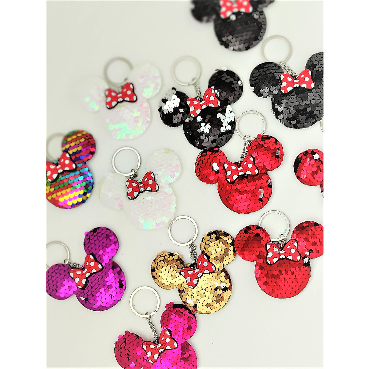 ITISMINE 12 pieces Sparkly BLINK Plush Reversible Sequin 3 inch Key Chain Appeal Backpack Bag Accessories (Minnie Shape), Red Pink Gold Silver Rainbow, 1 size fit all