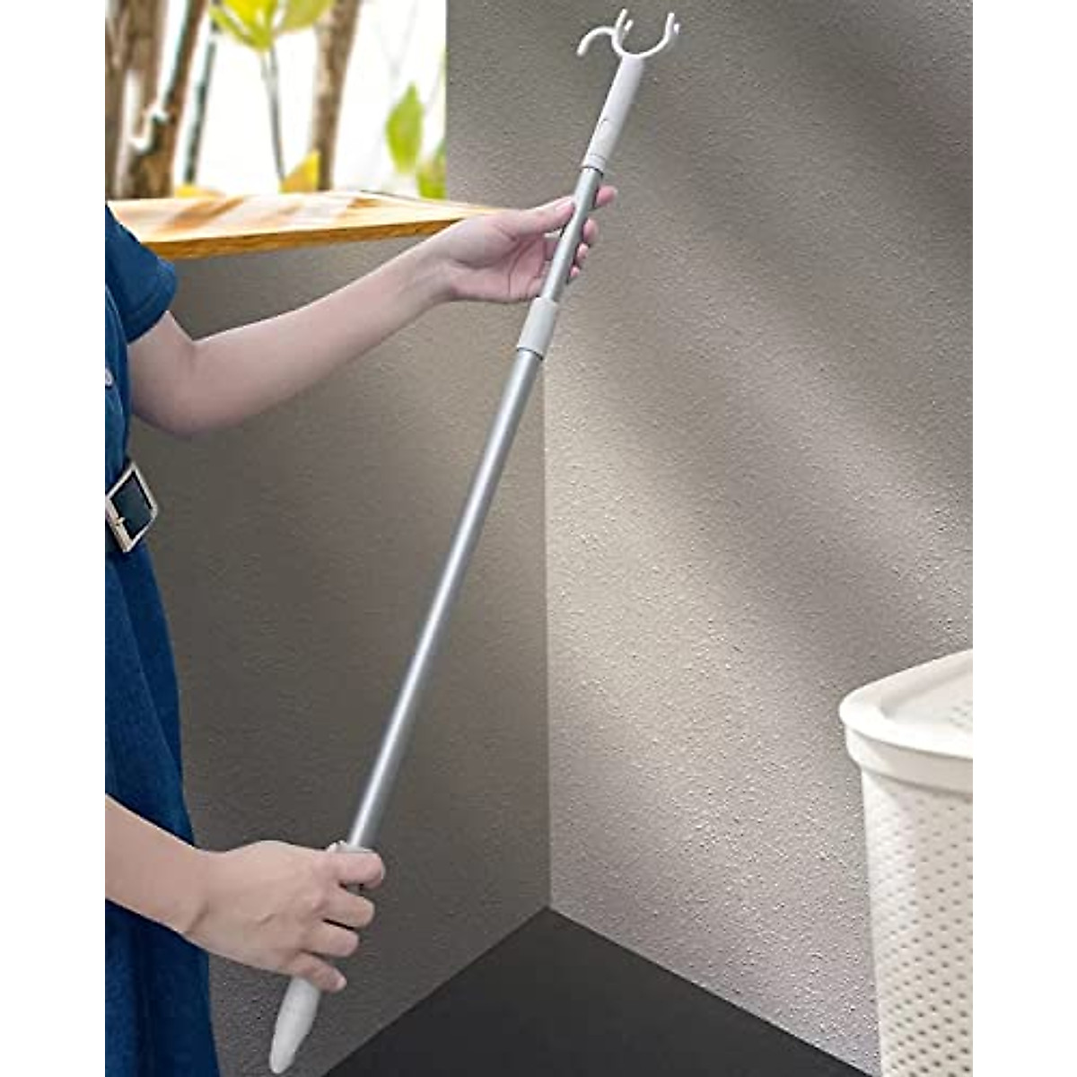 45" Long Reach Pole Retractable Closet Pole with Utility Hooks Garment Pole Hook for Outdoor Clothesline,Closet,Christmas Decor