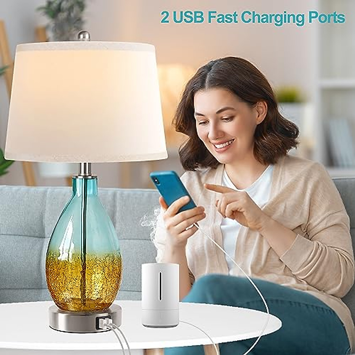 Table Lamps Set of 2, Modern Ombre Blue Glass Touch Control Bedroom Nightstand Lamp for Living Room with USB Ports, Coastal 3-Way Dimmable Bedside Table Lamp with White Shade (LED Bulbs Included)