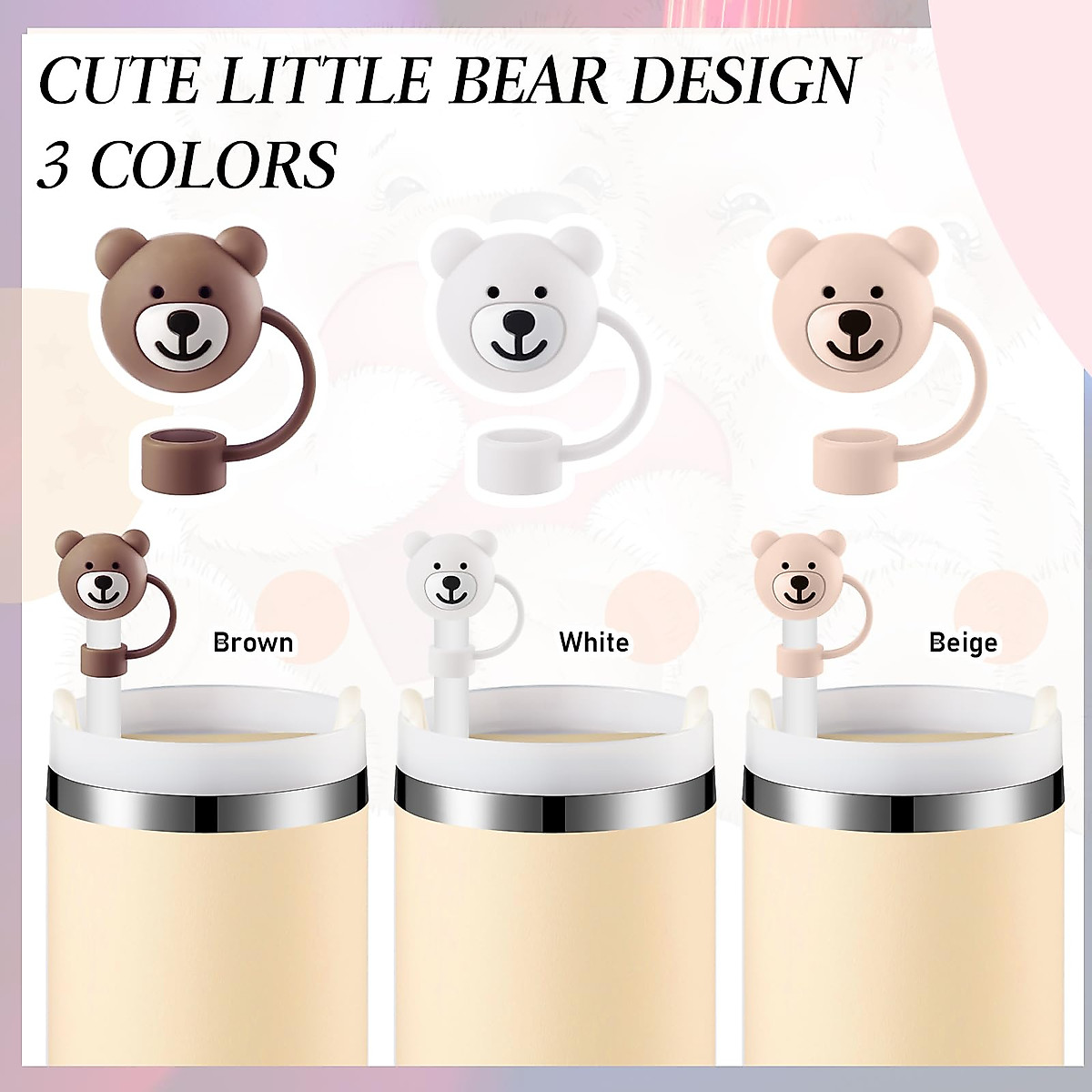Zhehao 9 Pcs Bear Straw Protector Cover Cute Straw Covers Cap Compatible with Stanley 20 30 40 oz Silicone Straw Covers Cute Straw Covers Tumbler Straw Topper, 3 Colors