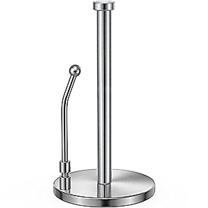 SMARTAKE Paper Towel Holder for One Hand Tear, Paper Towel Dispenser Standing Weighted Base Non Slip, Spring Arm Fit Most Size Paper Roll, Stainless Steel Paper Towel for Kitchen Countertop Silver