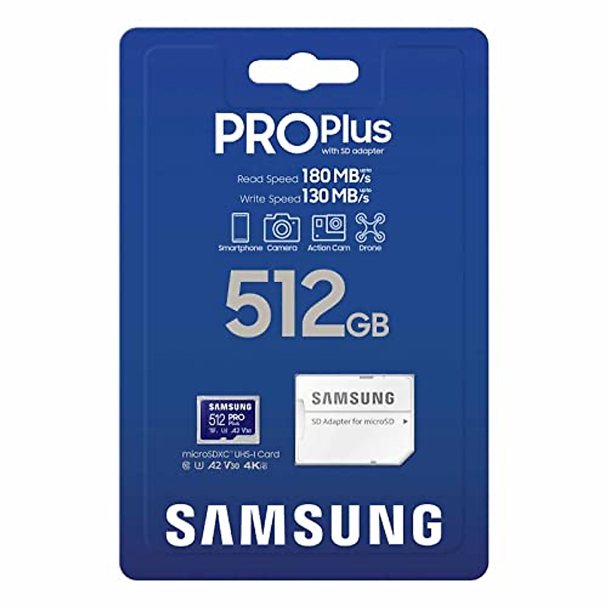 SAMSUNG PRO Plus microSD Memory Card + Adapter, 512GB MicroSDXC, Up to 180 MB/s, Full HD & 4K UHD, UHS-I, C10, U3, V30, A2 for Android Phones, Tablets, GoPRO, DJI Drone, MB-MD512SA/AM, 2023