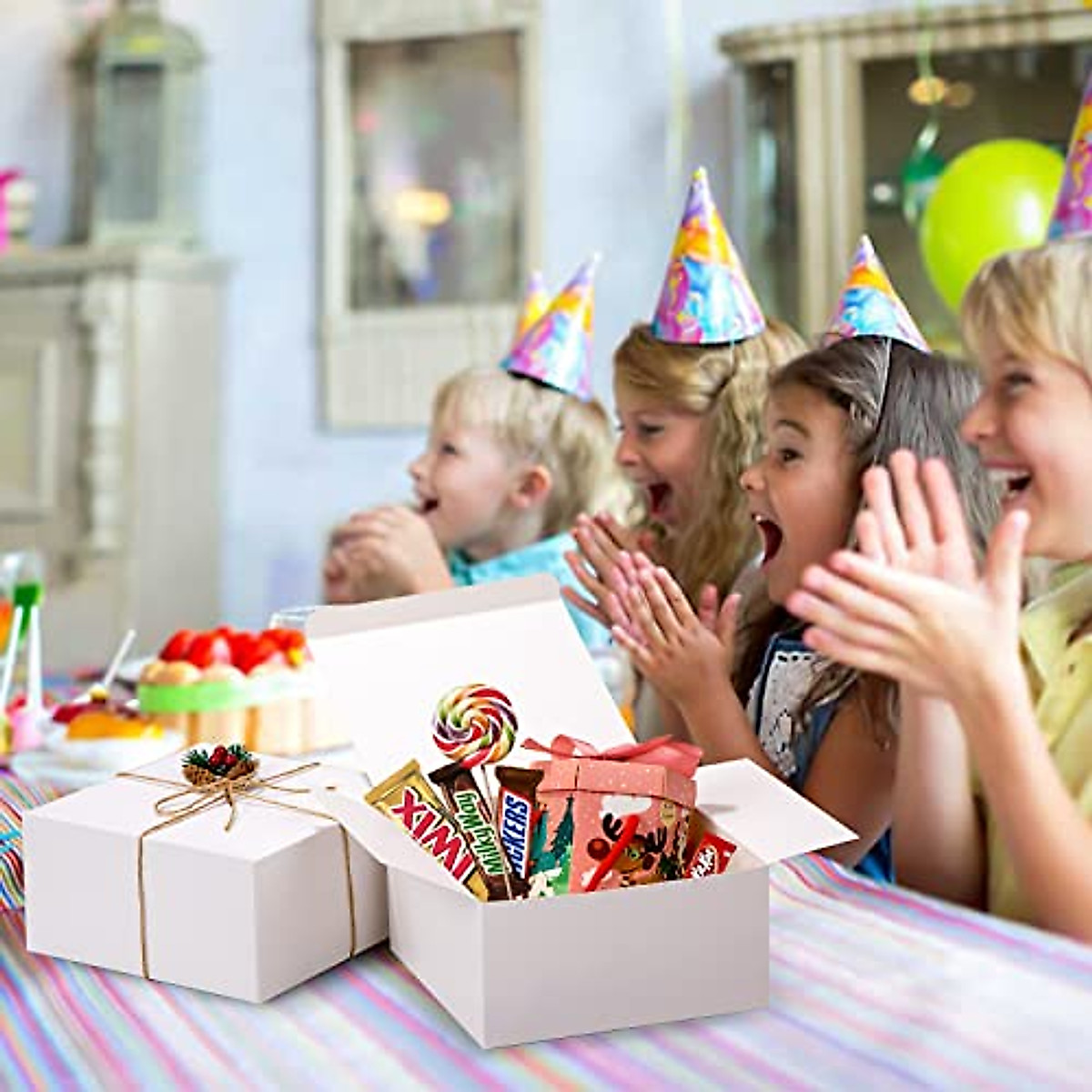 HLWDFLZ White Gift Boxes 12 Pack 8x8x4 Inches Paper Box, Gift Boxes with Lids, Wedding Present Box, Bridesmaid Proposal Box, Birthday Party Favor Box, Christmas Box with 66ft Twine and 12 clear stickers